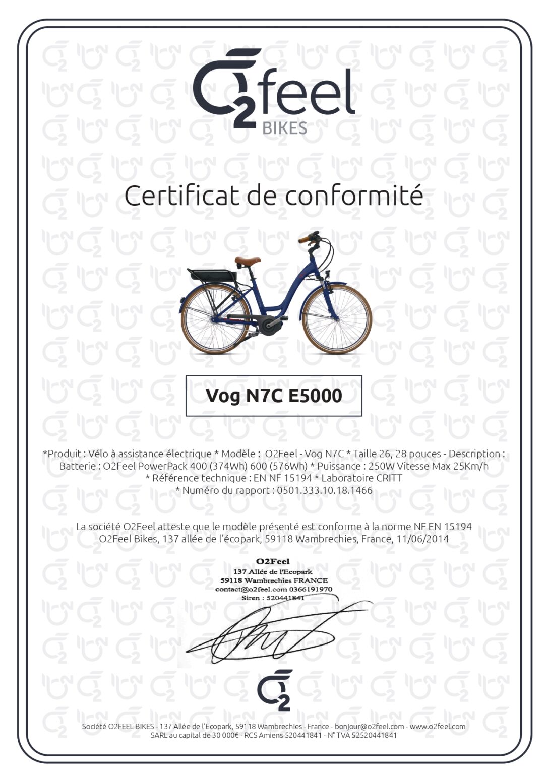 Certificats de conformité – O2feel e-bikes